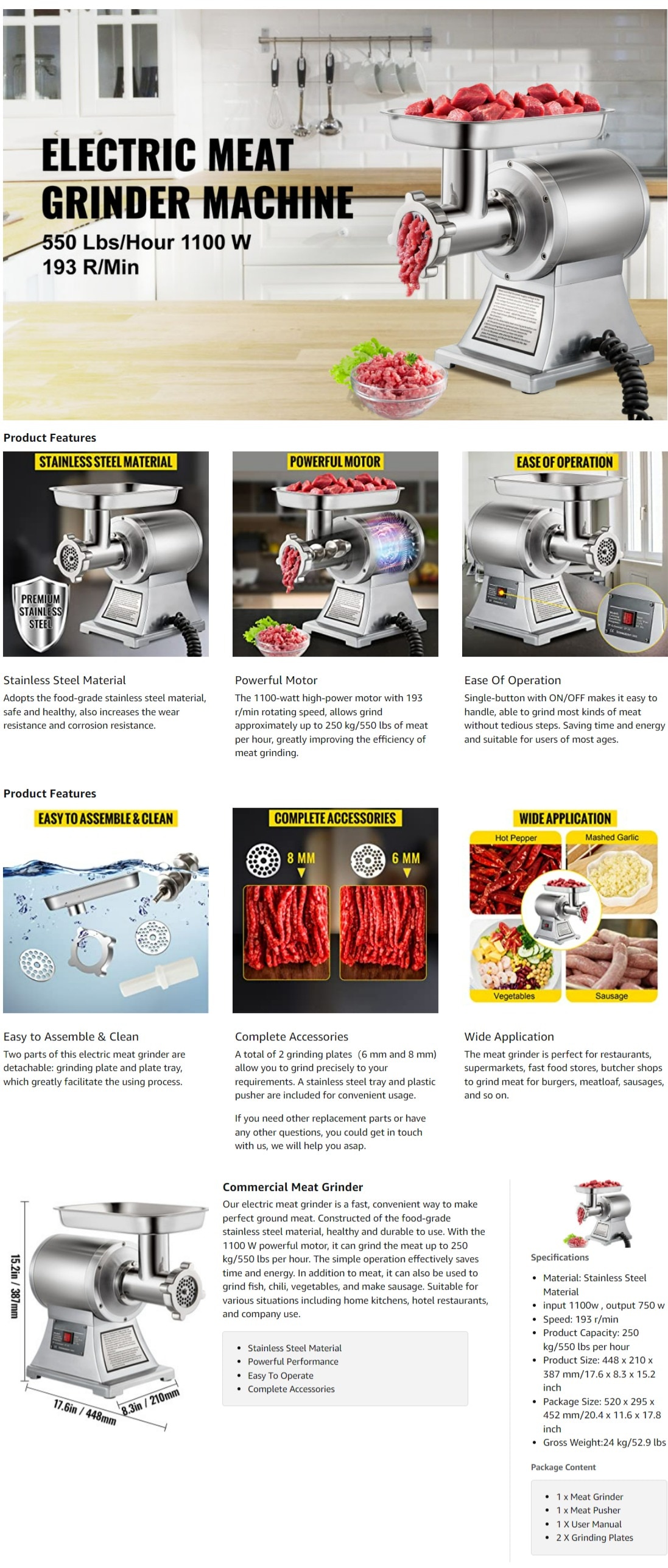 VEVOR Electric Meat Grinder 794 lbs./H Capacity 1100-Watt Industrial Meat Mincer Silver ...